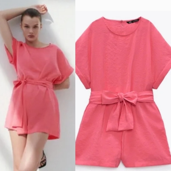 Zara | Pants & Jumpsuits | Zara Hot Pink Belted Romper | Poshmark